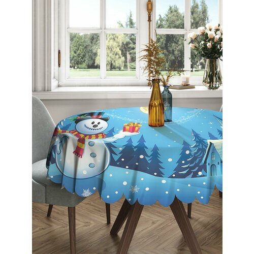 Скатерть круглая тканевая на стол JoyArty с рисунком "Снеговик с подарком" 150 на 150 см