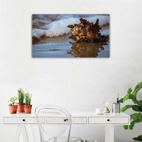 Картина на холсте 60x110 LinxOne "Пляж волна ракушка море отражение" интерьерная для дома / на стену / на кухню / с подрамником