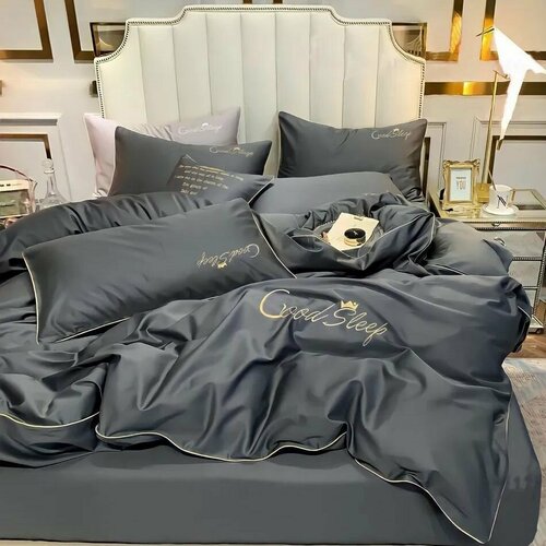 Комплект постельного белья Good Sleep из Сатина Евро Однотонное Хлопок Простыня 220x240 см Серый.