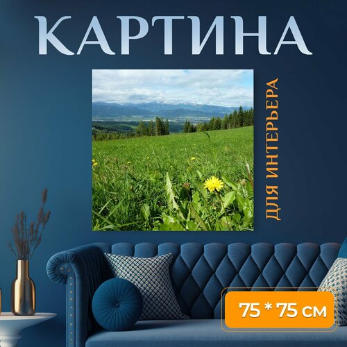 Картина на холсте "Одуванчик, луг, горы" на подрамнике 75х75 см. для интерьера