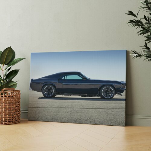 Картина на холсте "Черный мускулистый автомобиль, припаркованный на стоянке" 20x30 см. Интерьерная, на стену.