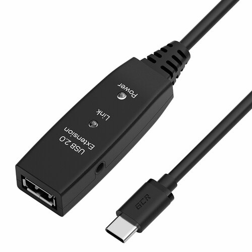 Активный удлинитель USB 2.0 Type-C / AF кабель с усилителем сигнала + разъём для доп. питания LED-индикаторы (GCR-A101) черный 3.0м
