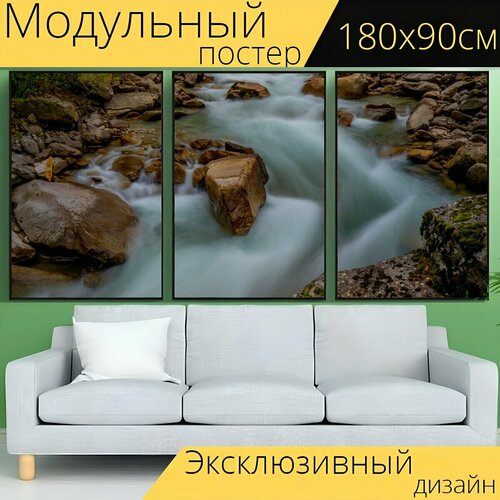 Модульный постер "Кримльские водопады, длительное воздействие, камни" 180 x 90 см. для интерьера