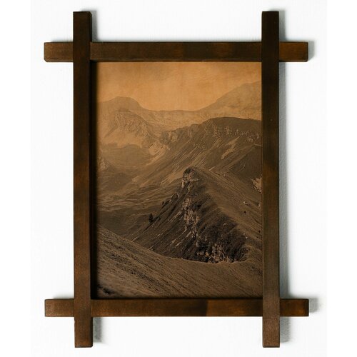Картина Горный пейзаж, гравировка на натуральной коже, интерьерная для украшения и декора на стену в деревянной раме, подарок, BoomGift