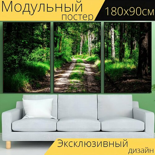Модульный постер "Лес, путь, деревья" 180 x 90 см. для интерьера