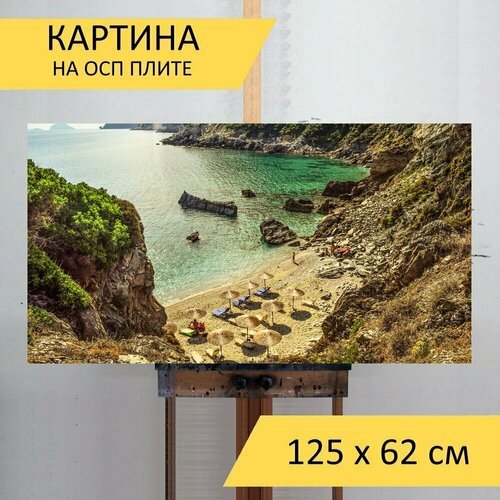 Картина на ОСП 125х62 см. "Греция, скопелос, пляж" горизонтальная, для интерьера, с креплениями