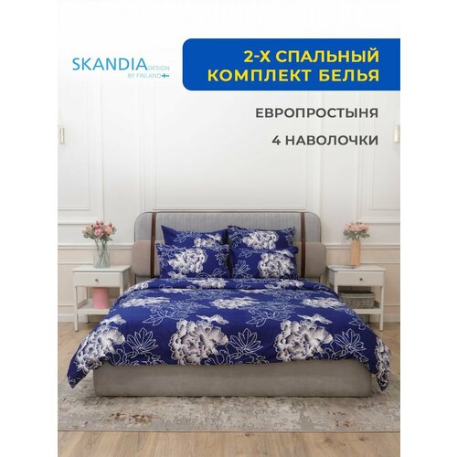 Комплект постельного белья SKANDIA design by Finland 2-x спальный с евро простыней, двухспальный, Микро Сатин, 4 наволочки, X146 Серые цветы на синем