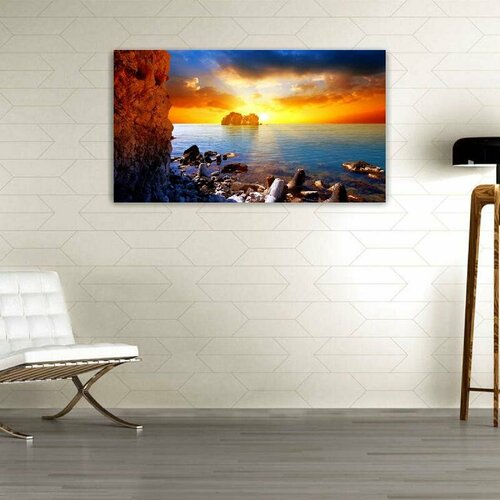 Картина на холсте 60x110 LinxOne "Море камни пейзажи солнце" интерьерная для дома / на стену / на кухню / с подрамником