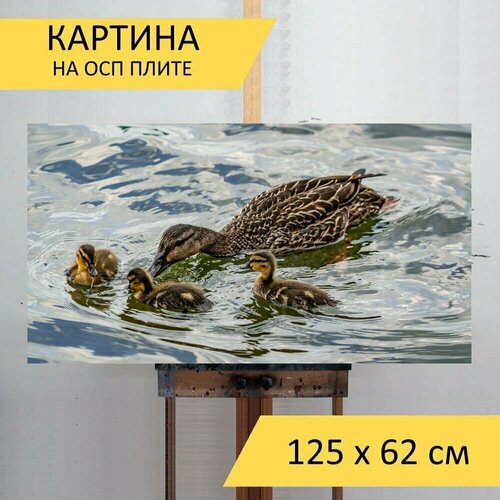 Картина на ОСП 125х62 см. "Утки, плавание, мама" горизонтальная, для интерьера, с креплениями
