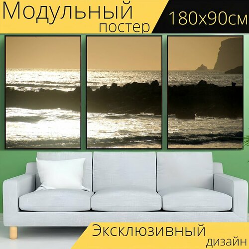 Модульный постер "Пляж, скалы в море, море" 180 x 90 см. для интерьера