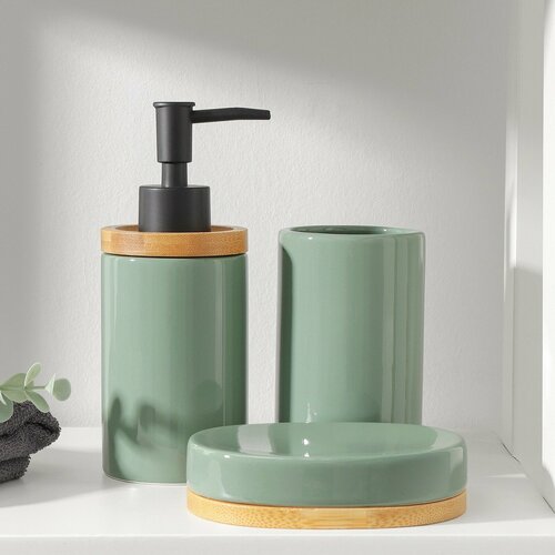 Набор аксессуаров для ванной комнаты «Джуно», 3 предмета (мыльница, дозатор для мыла, стакан), цвет зелёный