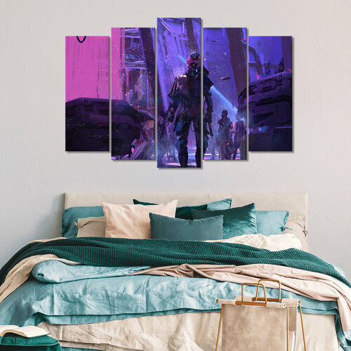 Модульная картина/Модульная картина на холсте в подарок/Purple neon cyberpunk/Фиолетовый неоновый киберпанк 125х85