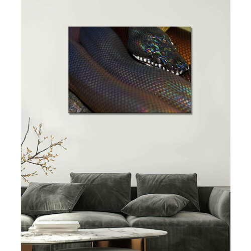 Картина - змея, лучистая змея, питон, чёрная змея, блики чешуек (53) 20х30