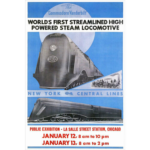 Плакат, постер на бумаге иностранный Worlds first streamlined high powered steam locomotive. Размер 21 х 30 см