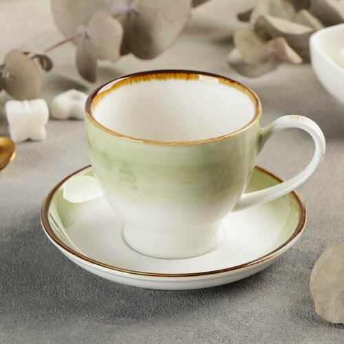 Чайная пара керамическая «Гелакси», 2 предмета: чашка 200 мл, блюдце d=13 см, цвет светло-зелёный
