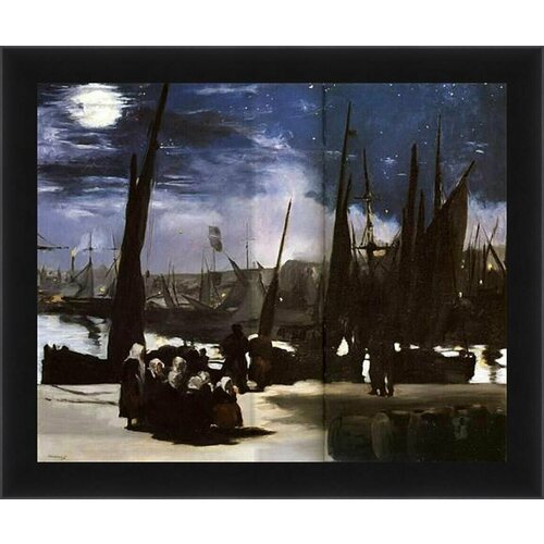 Плакат, постер на бумаге Clair de Lune sur le port de Boulogne, Moonlight on the wearing of Boulogne, Huile sur toile. Эдуард Мане. Размер 21 на 30 см