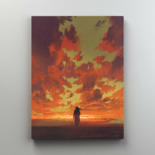 Интерьерная картина на холсте "Силуэт человека на фоне заката" размер 30x40 см
