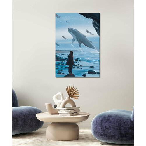 Картина - кит, киты в небе, кит летает, женщина у берега, арт (59) 40х60