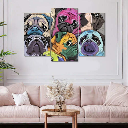 Модульная картина/Модульная картина на холсте/Модульная картина в подарок/ мопсы разноцветные/pug dogs are colorful 120х80
