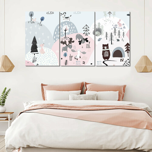 Модульная картина/Модульная картина на холсте в подарок/Pastel animals in pink/Пастельные животные в розовоМ90х50