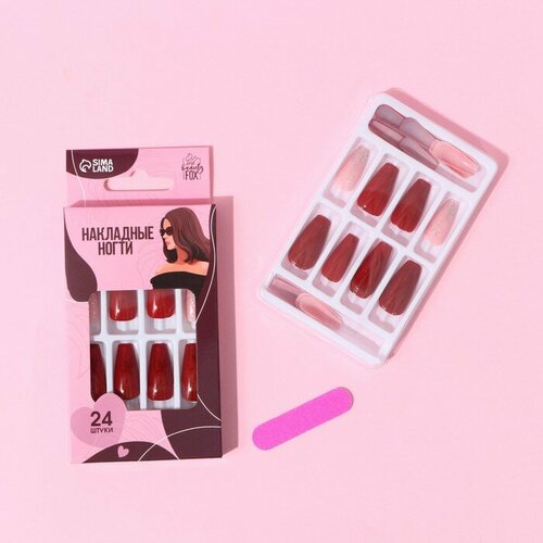 Beauty Fox Накладные ногти «Страсть», 24 шт, клеевые пластины, форма балерина, цвет глянцевый красный/розовый/серебристый