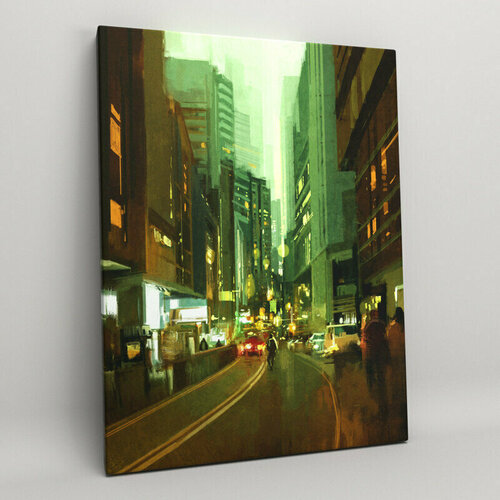 Картина на холсте (интерьерный постер) "Арт - Улицы в современном городском городе - вечером 2", с деревянным подрамником, размер 45x60 см