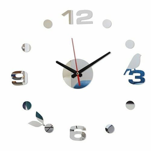 Часы-наклейка, серия: DIY, "Птичка", плавный ход, d-40 см, серебро (комплект из 5 шт)
