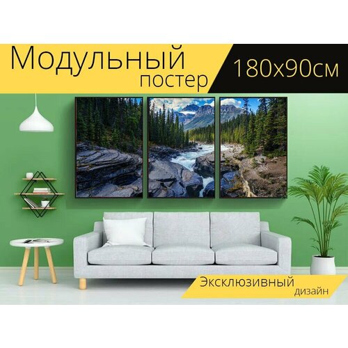 Модульный постер "Река, горные породы, деревья" 180 x 90 см. для интерьера