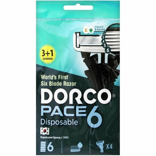 DORCO PACE 6 Однораз. станок (3+1 шт.) 6 лезвий, плав. головка, увл. полоса