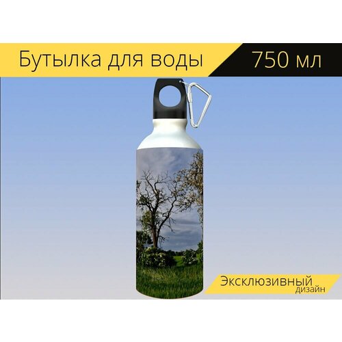 Бутылка фляга для воды "Дерево, деревья, акация" 750 мл. с карабином и принтом