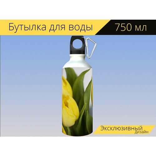 Бутылка фляга для воды "Тюльпаны, желтый, цветок" 750 мл. с карабином и принтом
