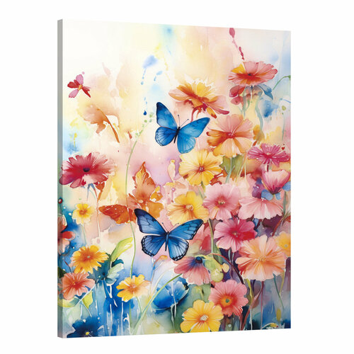 Интерьерная картина 50х70 "Игра света: Бабочки на цветах"