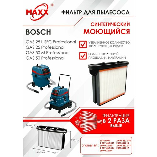 Фильтр складчатый синтетический, моющийся для пылесоса Bosch GAS 25 L SFC , Bosch GAS 50