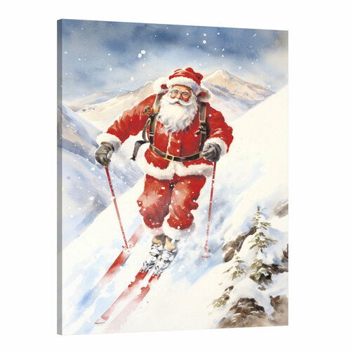 Интерьерная картина 50х70 "Новогодний праздник с Дедом Морозом в горах"