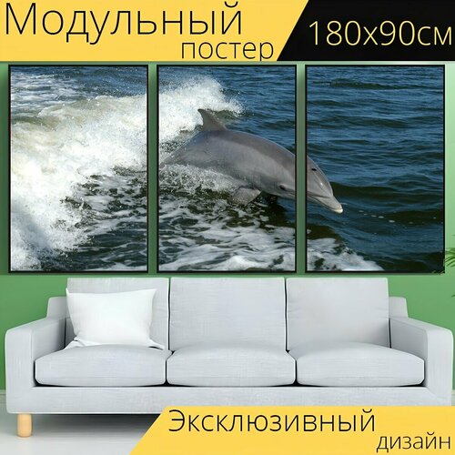 Модульный постер "Дельфин, океан, волны" 180 x 90 см. для интерьера