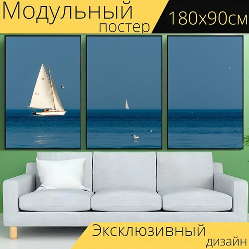 Модульный постер "Море, парусное судно, чайка" 180 x 90 см. для интерьера