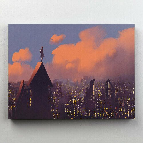 Интерьерная картина на холсте "Рыжая девушка стоит на краю крыши и наблюдает за городом" размер 30x22 см