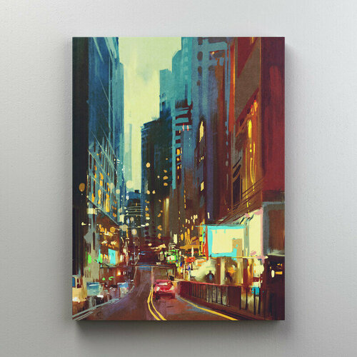 Интерьерная картина на холсте "Вечерний город - центральная улица" размер 22x30 см