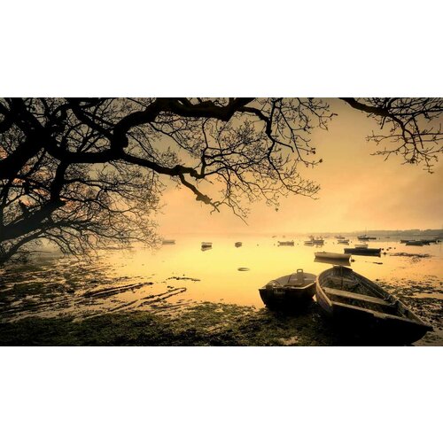 Картина на холсте 60x110 Альянс Лес "Туман утро лодки озеро" на подрамнике / интерьер/ декор