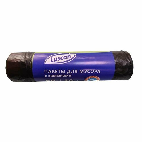 Мешки для мусора Luscan 60 л, 12 мкм, 20 шт в рулоне, черные, 58x68 см, с завязками