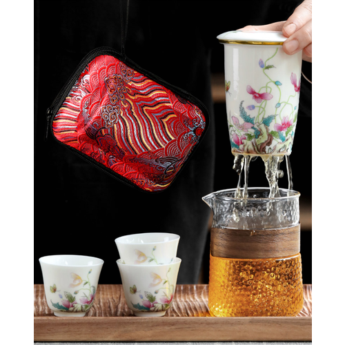 Портативный красивый стеклянный чайный сервиз для пикника MyPads J226-153 подарок любимой жене, маме, домохозяйке, автолюбителю, дачнику, дизайнеру.