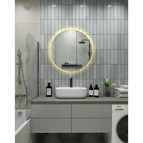 Зеркало для ванной с часами Sun D60 круглое "парящее" с тёплой LED-подсветкой