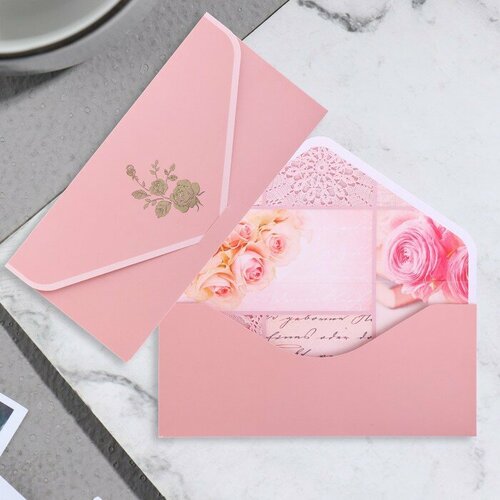 Стильная открытка Конверт для денег "Поздравительный" розовый, цветы, 19х9 см