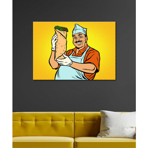 Картина на холсте для интерьера на стену в спальню, гостиную, прихожую, детскую, кухню, офис - Шаурма поп арт, повар, постер в кафе 60х80