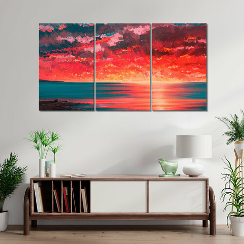 Модульная картина/Модульная картина на холсте/Модульная картина в подарок/красочный нарисованный закат - COLORFUL painted sunset 150х80