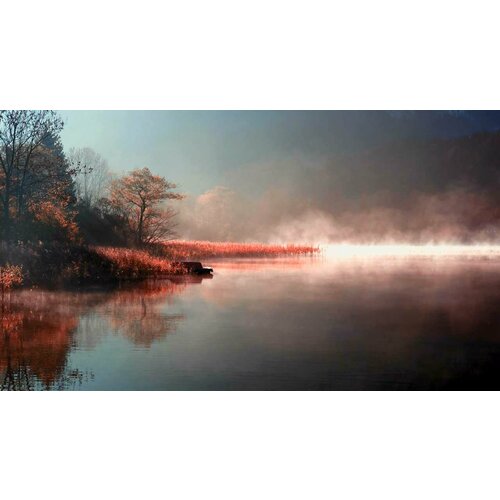 Картина на холсте 60x110 Альянс Лес "Туман природа пар озеро осень" на подрамнике / интерьер/ декор