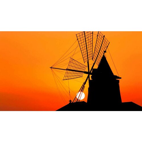 Картина на холсте 60x110 Альянс Лес "Ветряная мельница солнце закат" на подрамнике / интерьер/ декор