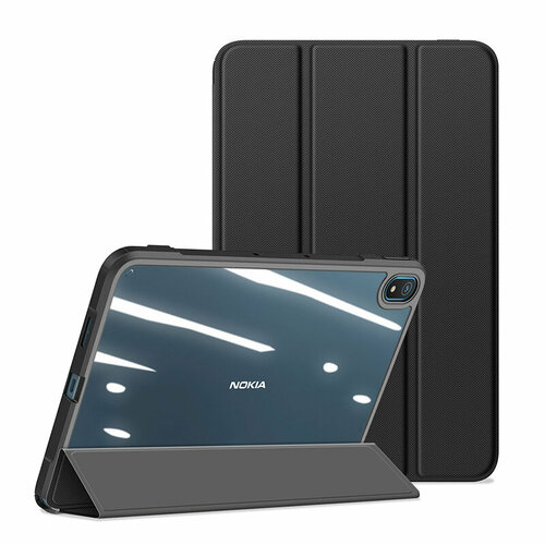 Защитный чехол MyPads для Nokia T20 с дизайном Smart Case черный кожаный с функцией смарт включения-выключения