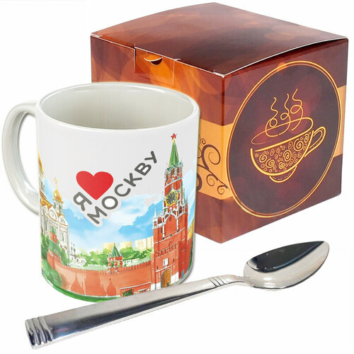 Кружка с ложкой в подарочной коробке "Я люблю Москву", классическая, для чая и кофе, керамика, 330 мл