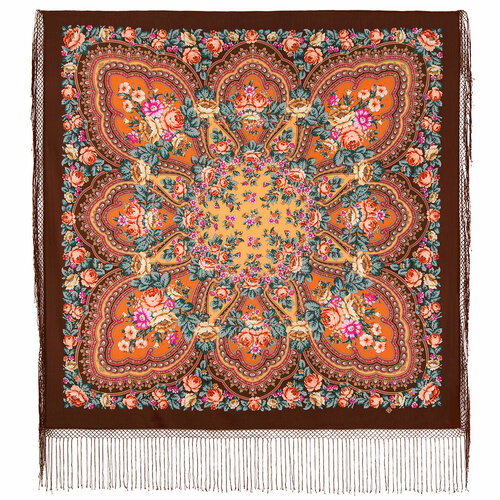 Платок Павловопосадская платочная мануфактура,148х148 см, оранжевый, коричневый